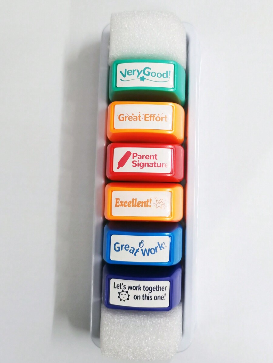 6pcs/Set Teacher's Colorful Self-Inking Stamps With Storage Tray For ...