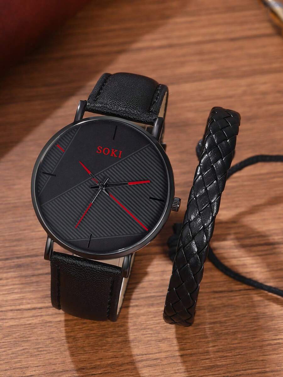 Men Watch 1set Men's Black Pu Strap Quartz Watch And Leather Cord ...