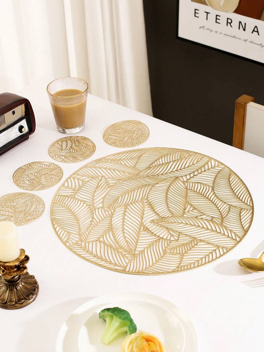 8pcs Gold Round Abstract Minimalist Pvc Leaf Placemats Set (4pcs Placemats & 4pcs Coasters ...
