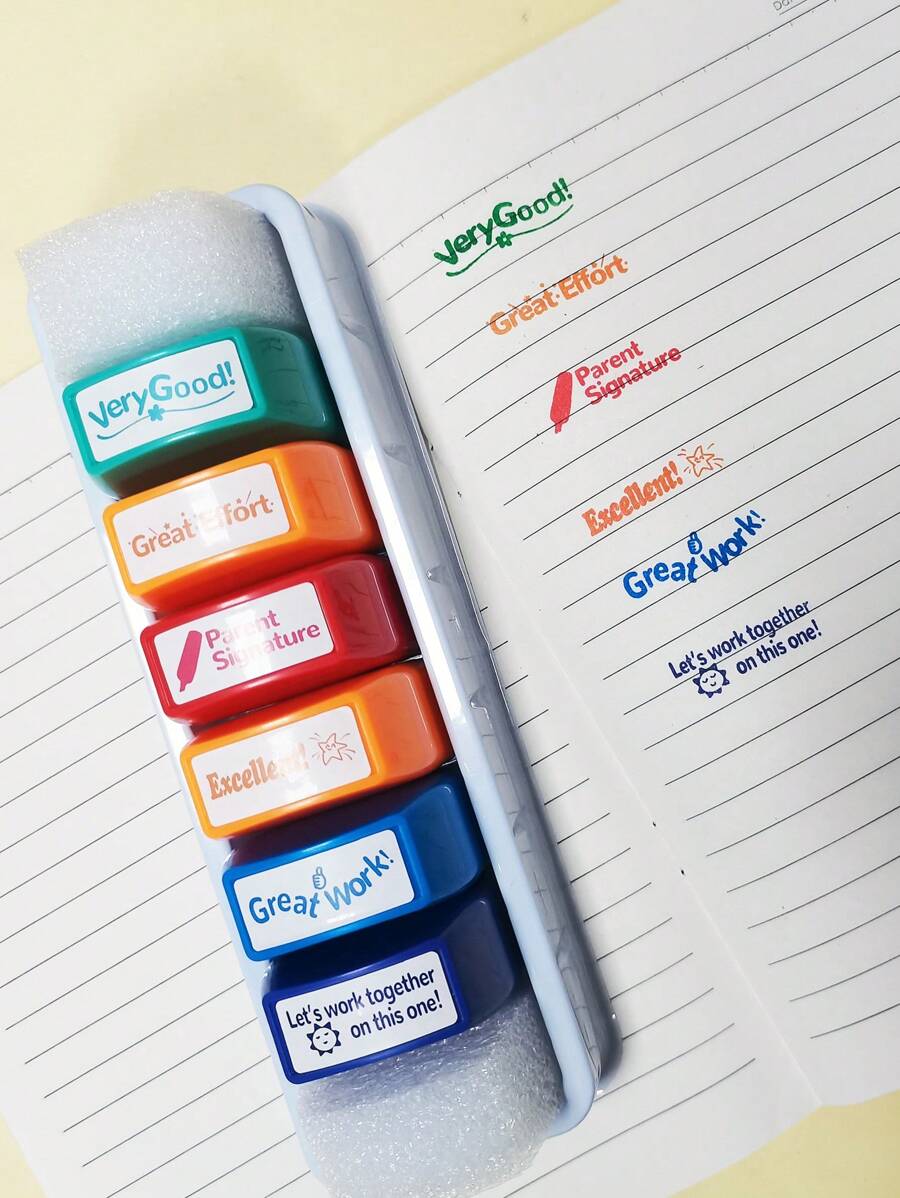 6pcs/Set Teacher's Colorful Self-Inking Stamps With Storage Tray For ...