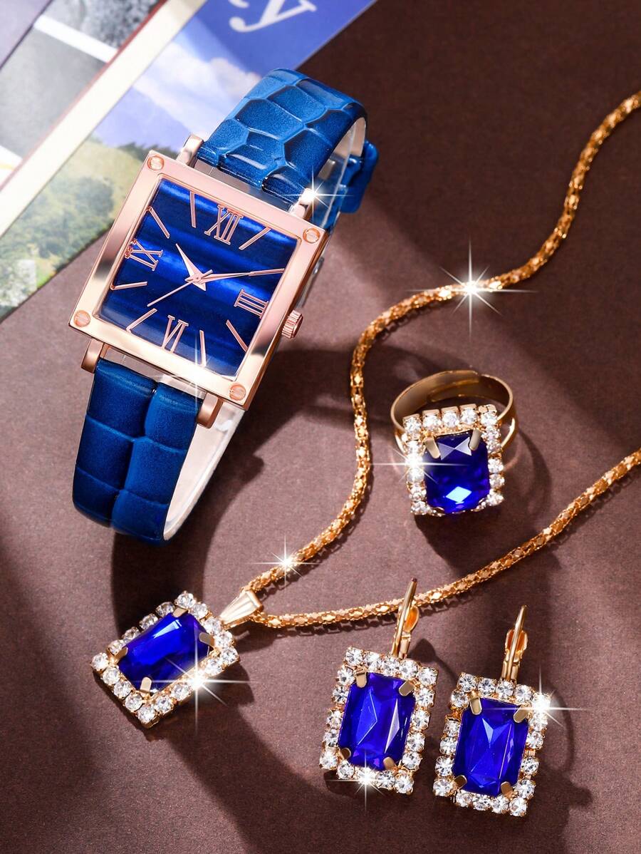 Ladies Watch 5pcs/Set Women's Pu Leather Strap Casual Quartz Watch And ...