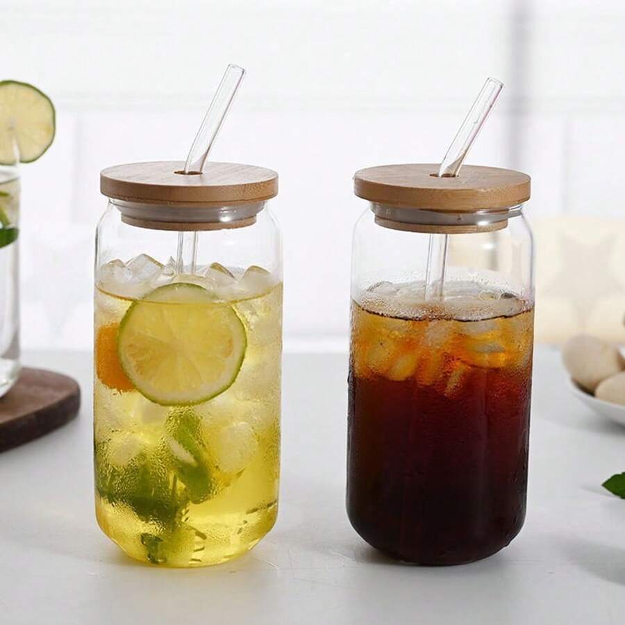 Glass Drinking Cup With Bamboo Lid, Straw, And Mason Jar Design For ...