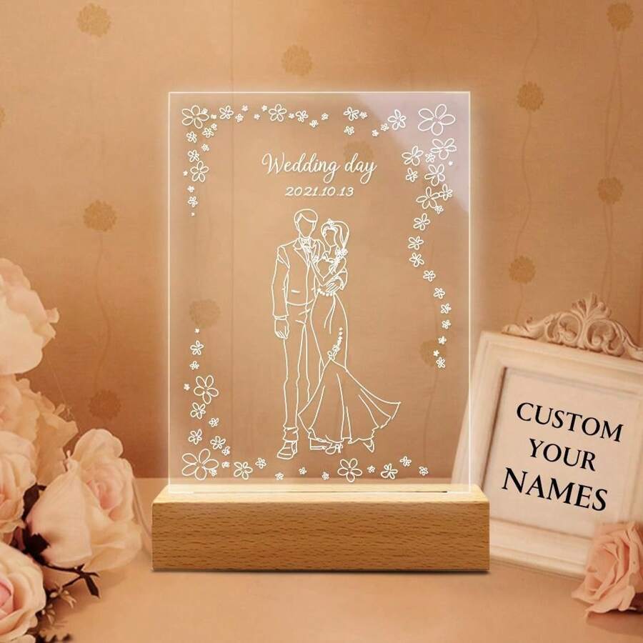 1pc Custom Acrylic Plaque Led Lights Wedding Day Gift With Text For Her ...