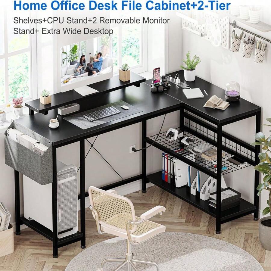 L Shaped Computer Desk With Power Outlets & LED Light, 49.6" Reversible ...