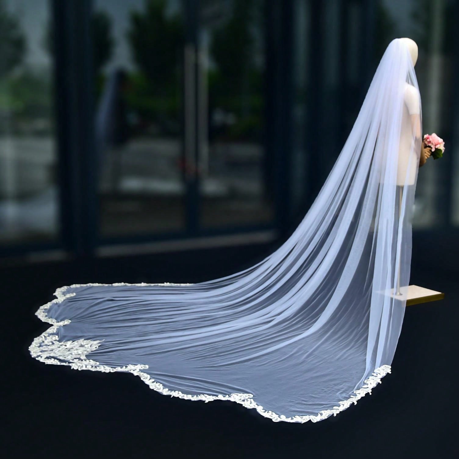 1pc Embroidered Lace Translucent Long Soft Veil With Comb For Wedding ...