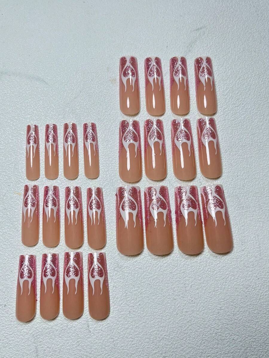 24pcs/Set Shimmer Pink & Purple Long False Nails With Flame & Heart ... 24pcs/Set Shimmer Pink & Purple Long False Nails With Flame & Heart ...