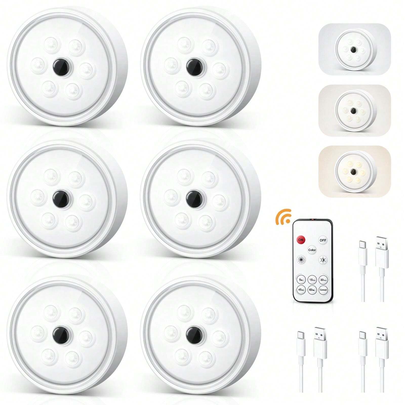 6/Pack LED Puck Lights With Remote Control, Wireless Motion Sensor ...
