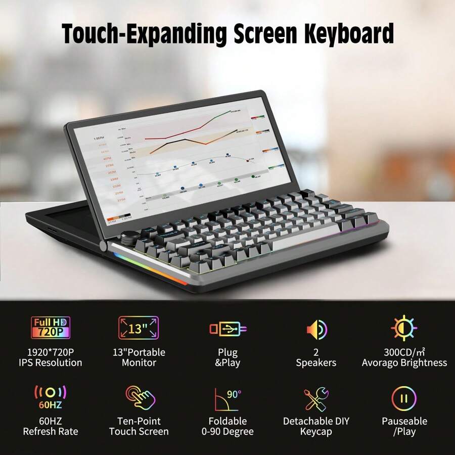 Touch Screen Keyboard Monitor - 13" Multifunctional Mechanical Portable ...