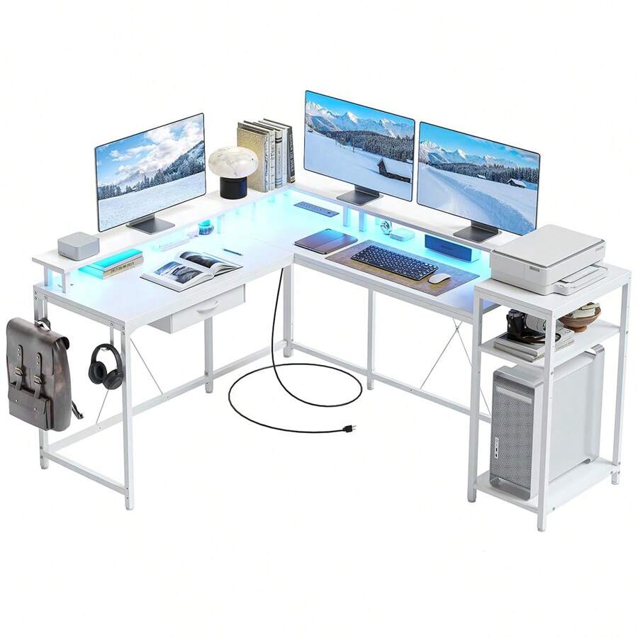 68" L-Shaped Gaming Desk With Power Outlets, LED Lights, And File ...