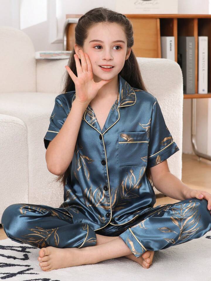 Tween Girl Satin Pajama Set Long Pants Silk Button Style Short Sleeved ...