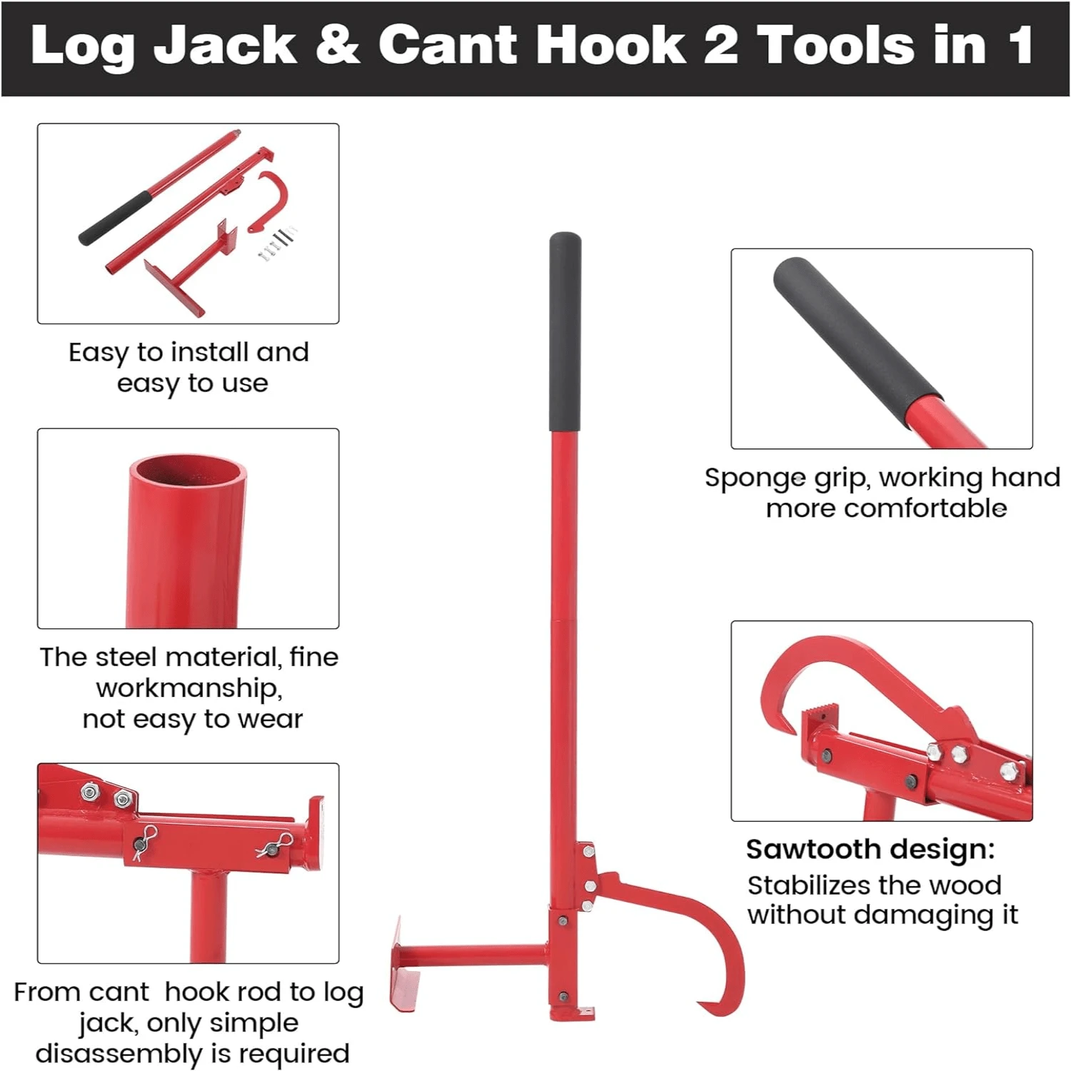 48IN Log Peavey Tool, Cant Hook, 2-In-1 Logging Equipment With Moving ...