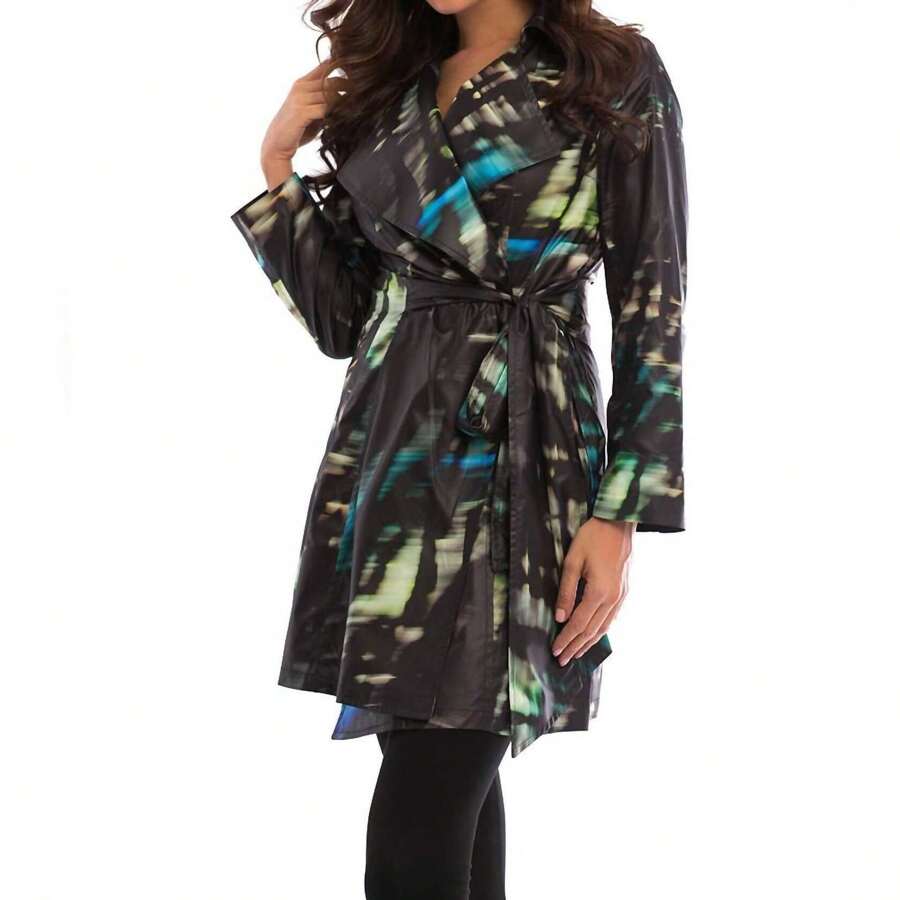 Angel Midnight Belted Collared Rain Jacket In Black Multi | SHEIN USA
