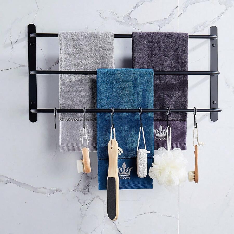 THREE Stagger Layers Towel Rack Upgraded With SIX Movable Hooks ...