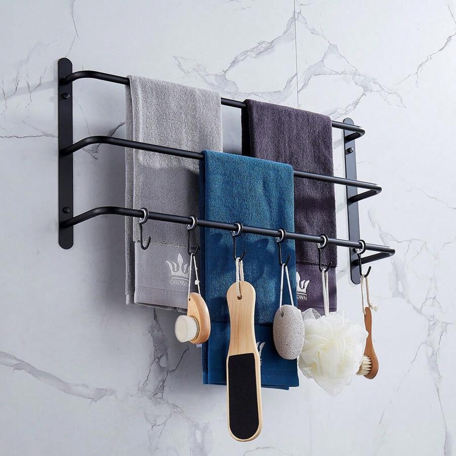 THREE Stagger Layers Towel Rack Upgraded With SIX Movable Hooks ...
