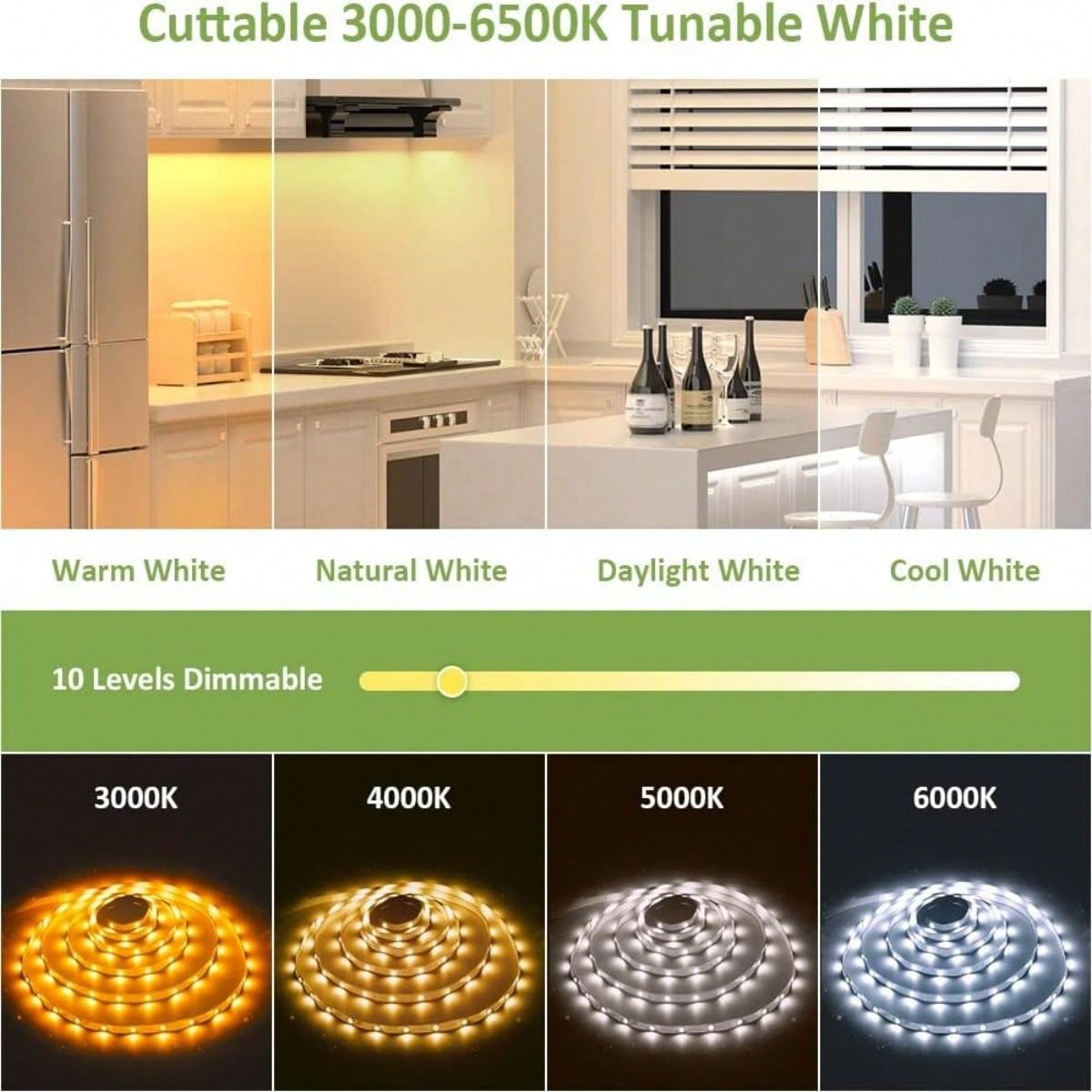 1PCS LED Strip Light, 3000K-6000K Tunable White, 16.4ft Dimmable Bright ...