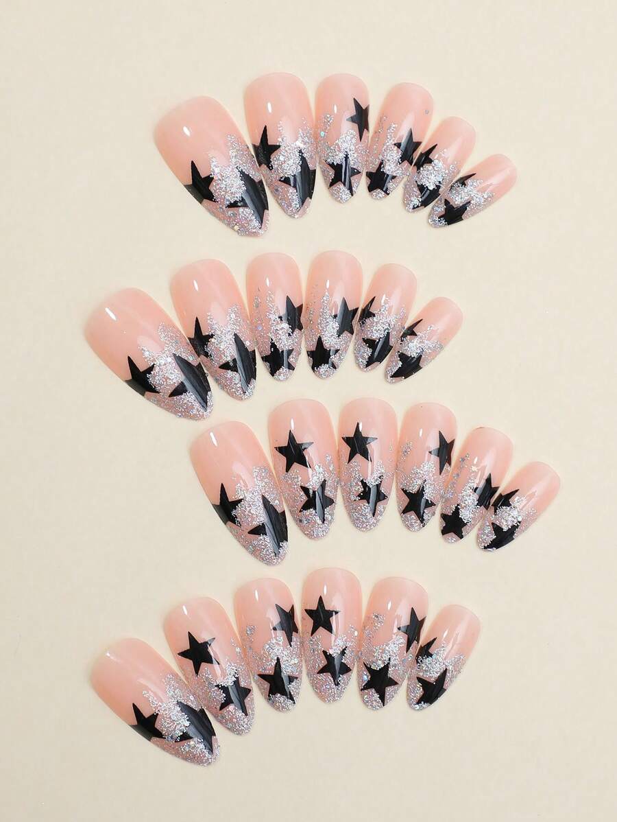 24pcs Elliptical Press On Nails Glittery Sequins And Stars Adorned ...