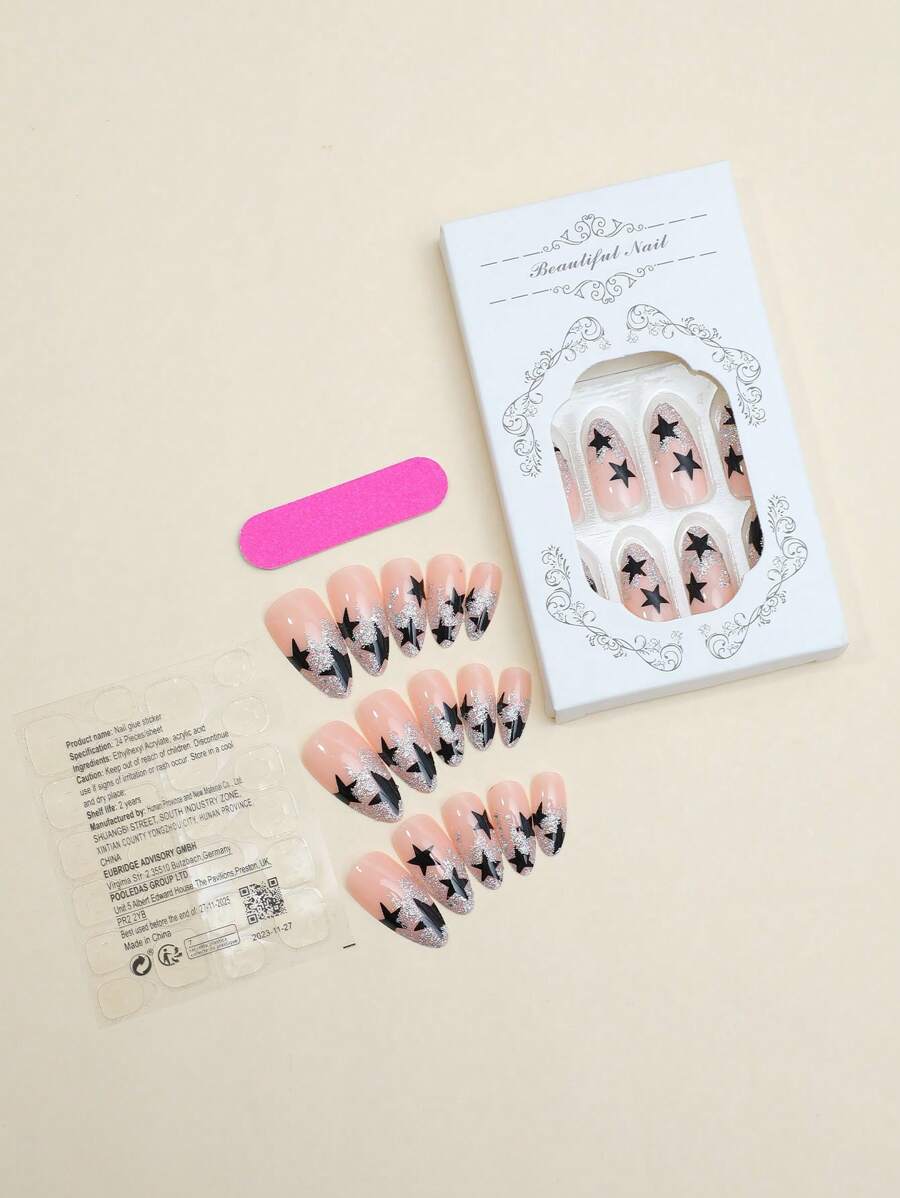 24pcs Elliptical Press On Nails Glittery Sequins And Stars Adorned ...