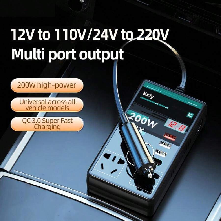 Kxiy 200W Car Inverter: 12V DC To 110V 24VDC To 220V Power Converter With LED Display & 4 USB ...
