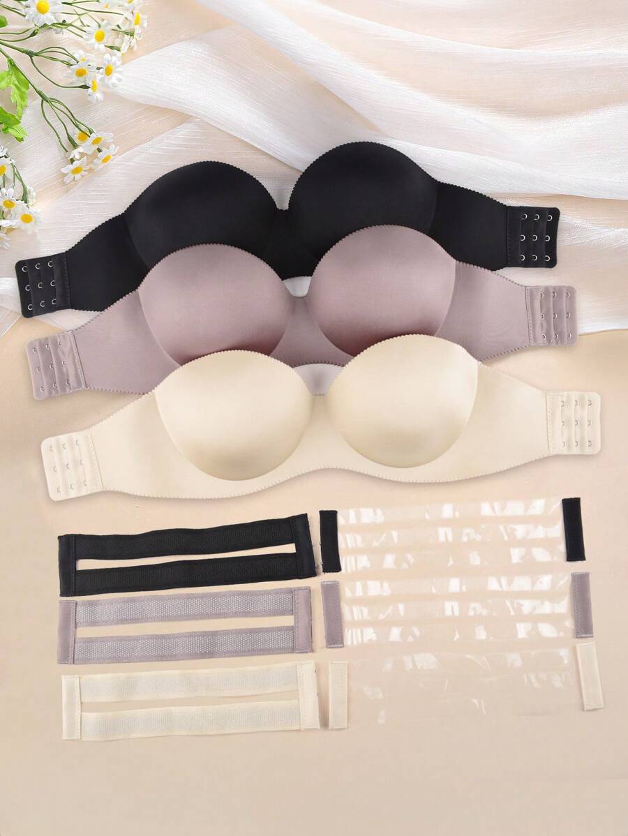 3-Pack Shiny Anti-Slip Push-Up Strapless Bra With Breast Collecting And ...