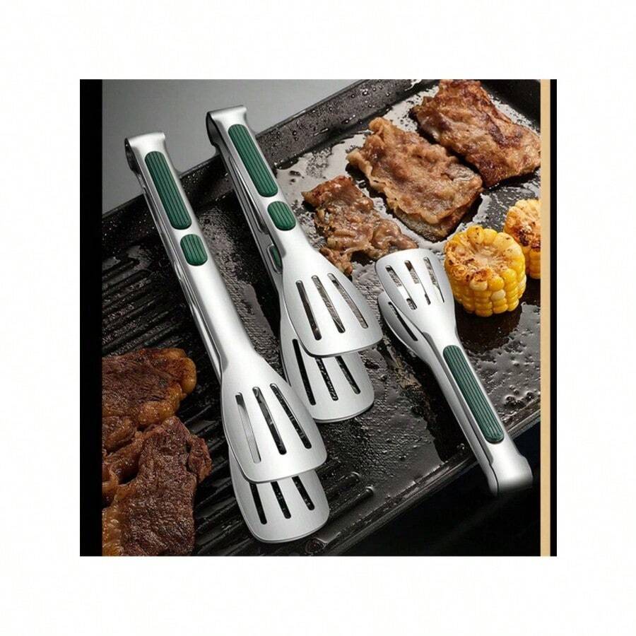 Silver(7 Inches) Food Tongs Bbq Tongs Kitchen Three-Line Steak Tong For ...