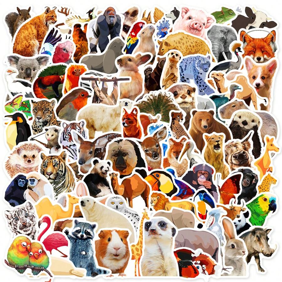 100PCS Realistic Animal Stickers, Waterproof Wildlife Animal Faces ...