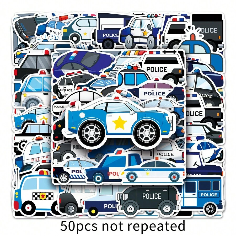 50pcs/Pack Police Car Cartoon Stickers For Laptop Refrigerator Suitcase ...
