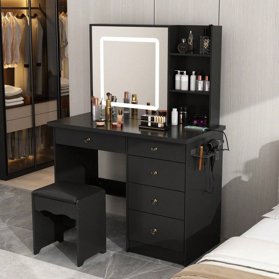 Large Vanity Desk Set With Sliding Lighted Mirror & Build-In Power ...