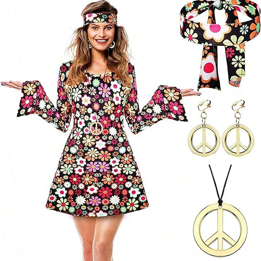 5 Piece Set 70s 80s Women's Hippie Costume Set Disco Costume Women's Peace Sign Earring Necklace ...