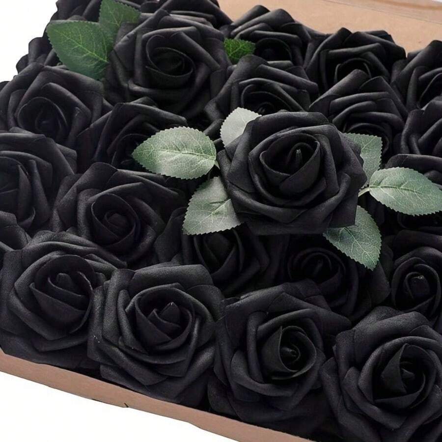 25pcs Artificial Flower Black 8CM With Rods Artificial Rose And Leaves ...