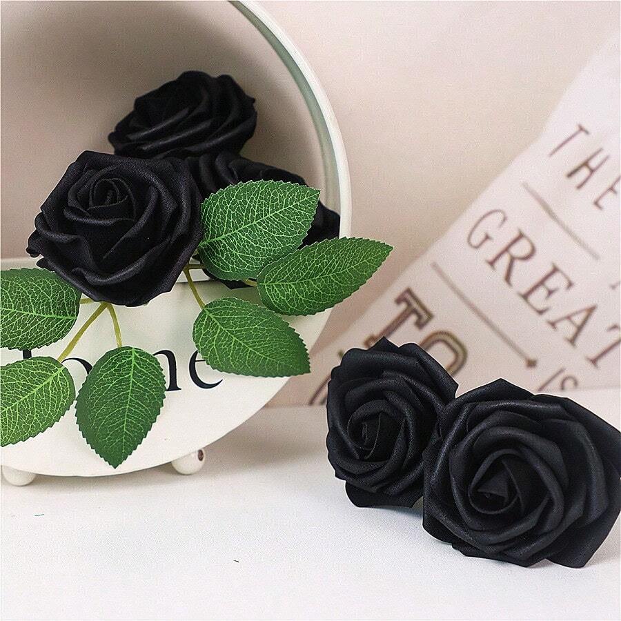 25pcs Artificial Flower Black 8CM With Rods Artificial Rose And Leaves ...