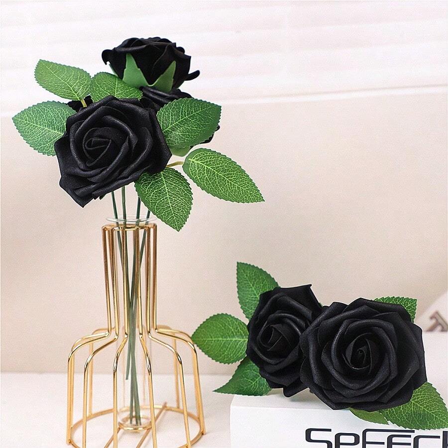 25pcs Artificial Flower Black 8CM With Rods Artificial Rose And Leaves ...