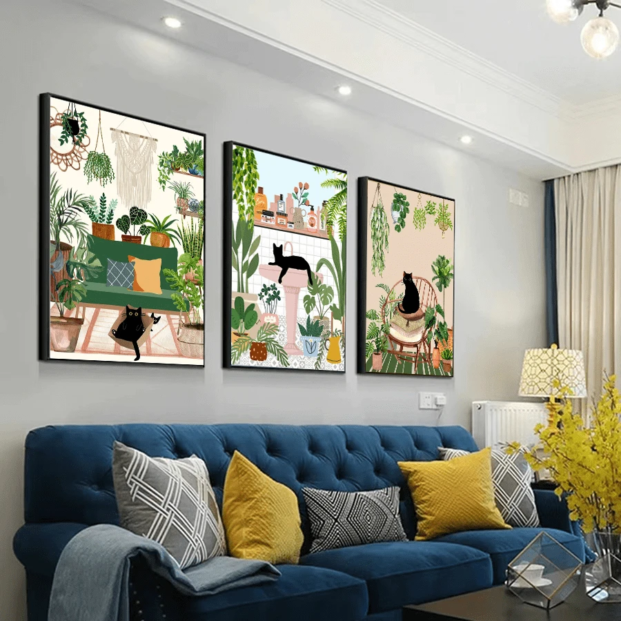 3pcs Toile De Peinture D'art Mural De Toilette À Chat Noir Abstrait De ...