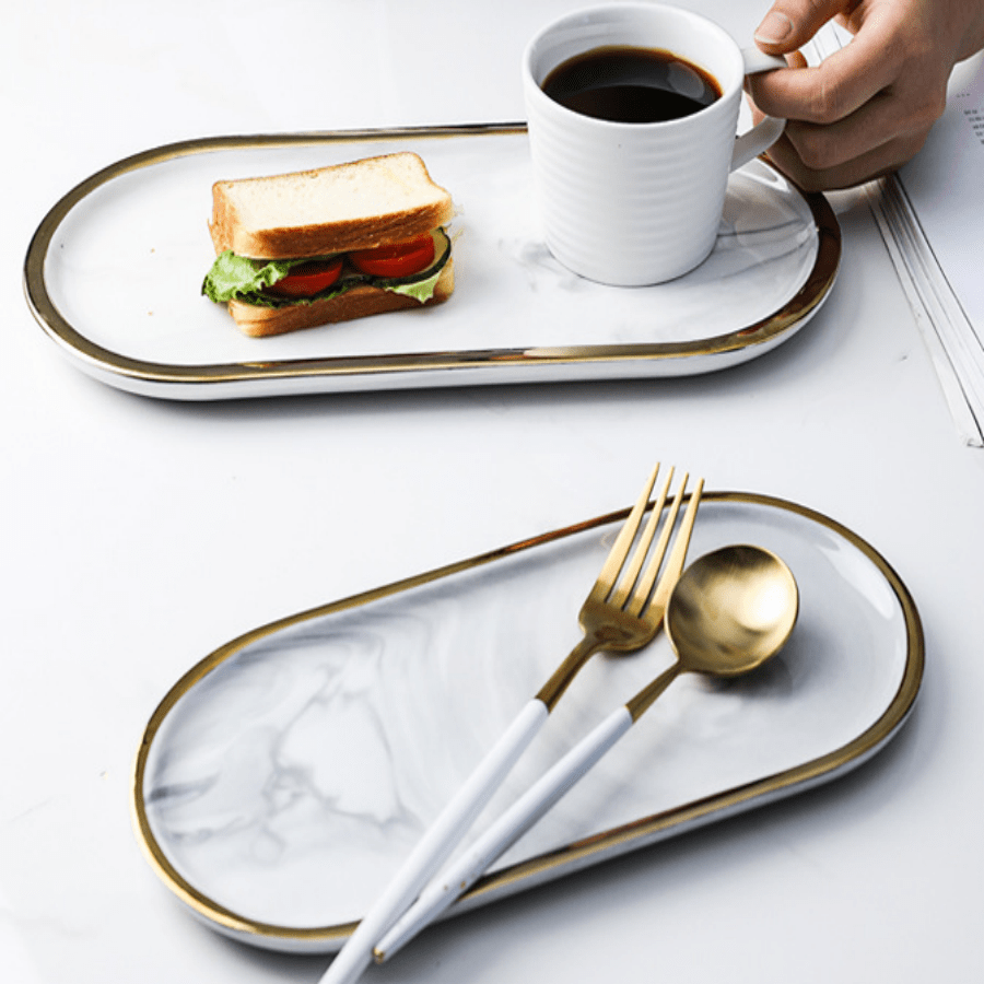 1pc Nordic Style Marble Serving Tray, Oval Plate With Golden Rim, For ...
