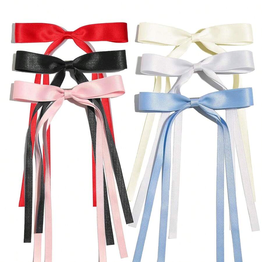 Hair Ribbon 6 Colors Soft Ribbon Hair Bows Clips Bowknot With Long Tail ...