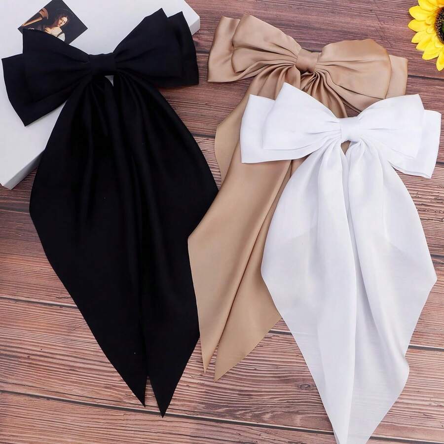 3Pcs Girls Big Hair Bows Clips, Classic Neutral Color Silky Satin Large ...