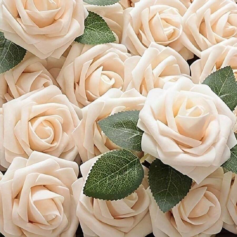 25 PC Artificial Flower 8CM With Rods 25 Artificial Rose And 3 Leaves ...