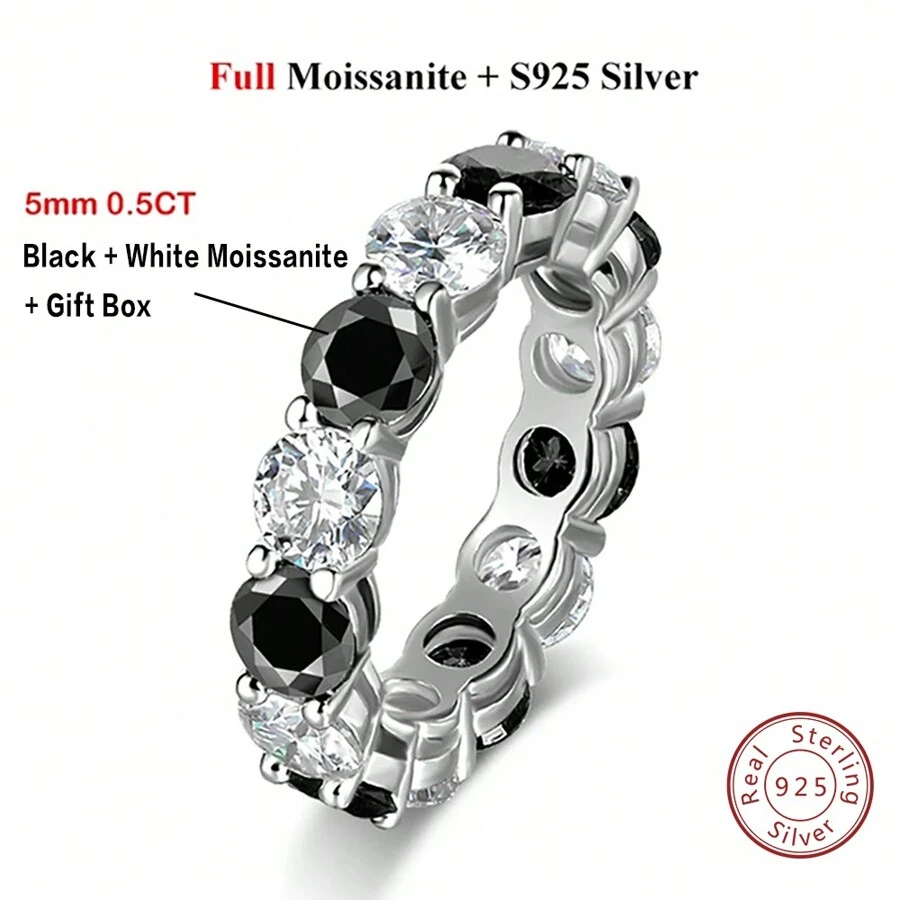 1pc Fashionable Black And White 5mm Moissanite Ring Made Of S925 ...