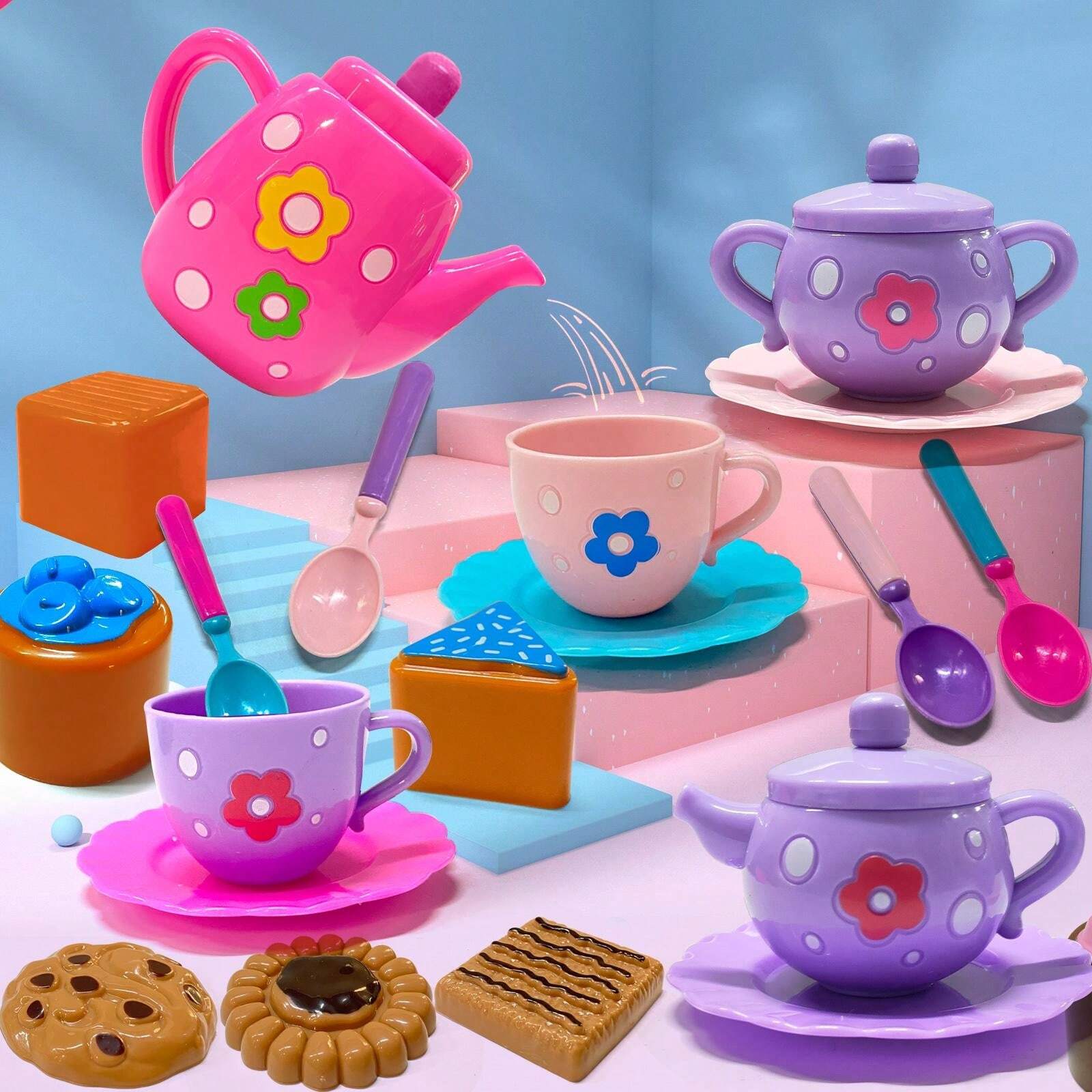 19pcs Little Girls' Tea Set, Tea Party Playset With Kettle, Desserts ...