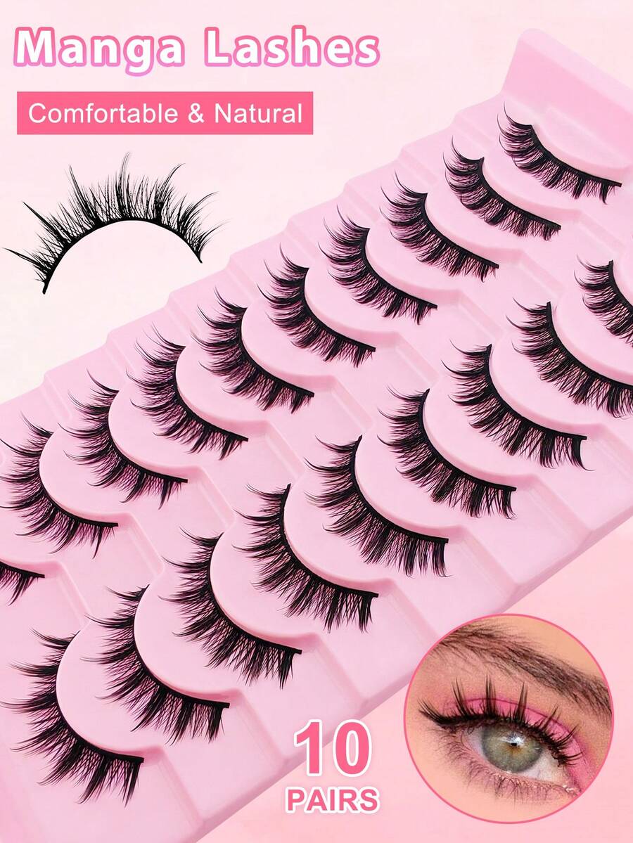 10 Pairs Full False Lashes Natural Look 14mm Manga Lashes 3D Spiky ...