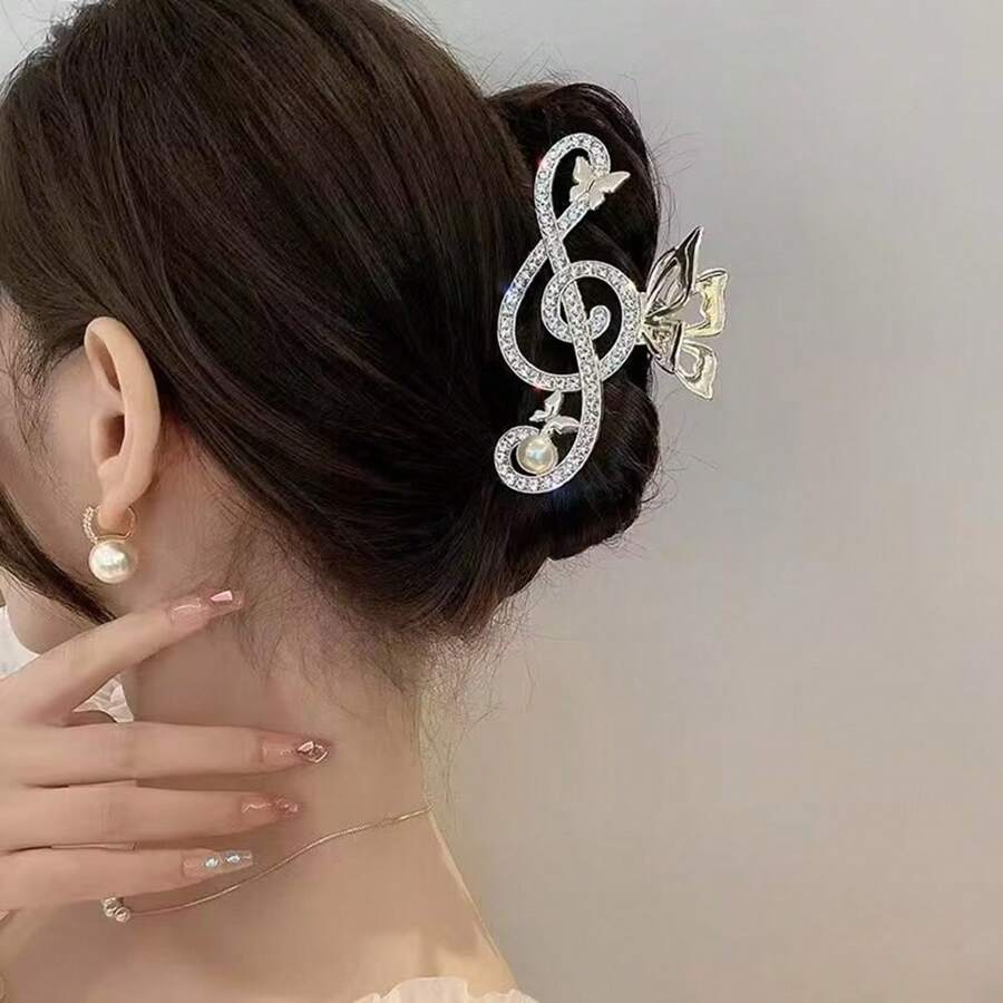 1pc New Pearl & Rhinestone Decorated Musical Note Shaped Hair Clip For ...