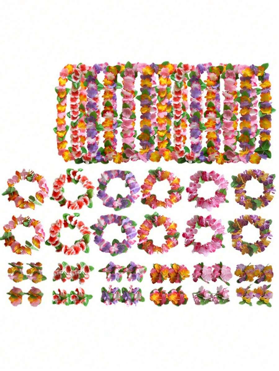 4pcs Plastic Hawaiian Lei Set, Includes Flower Petal Necklace, Headband ...