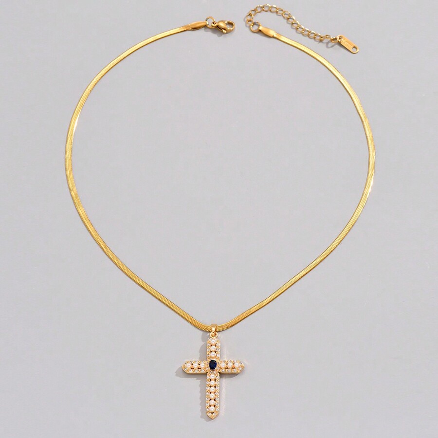 1pc Golden Stainless Steel Flat Chain With Cubic Zirconia & Pearl ...