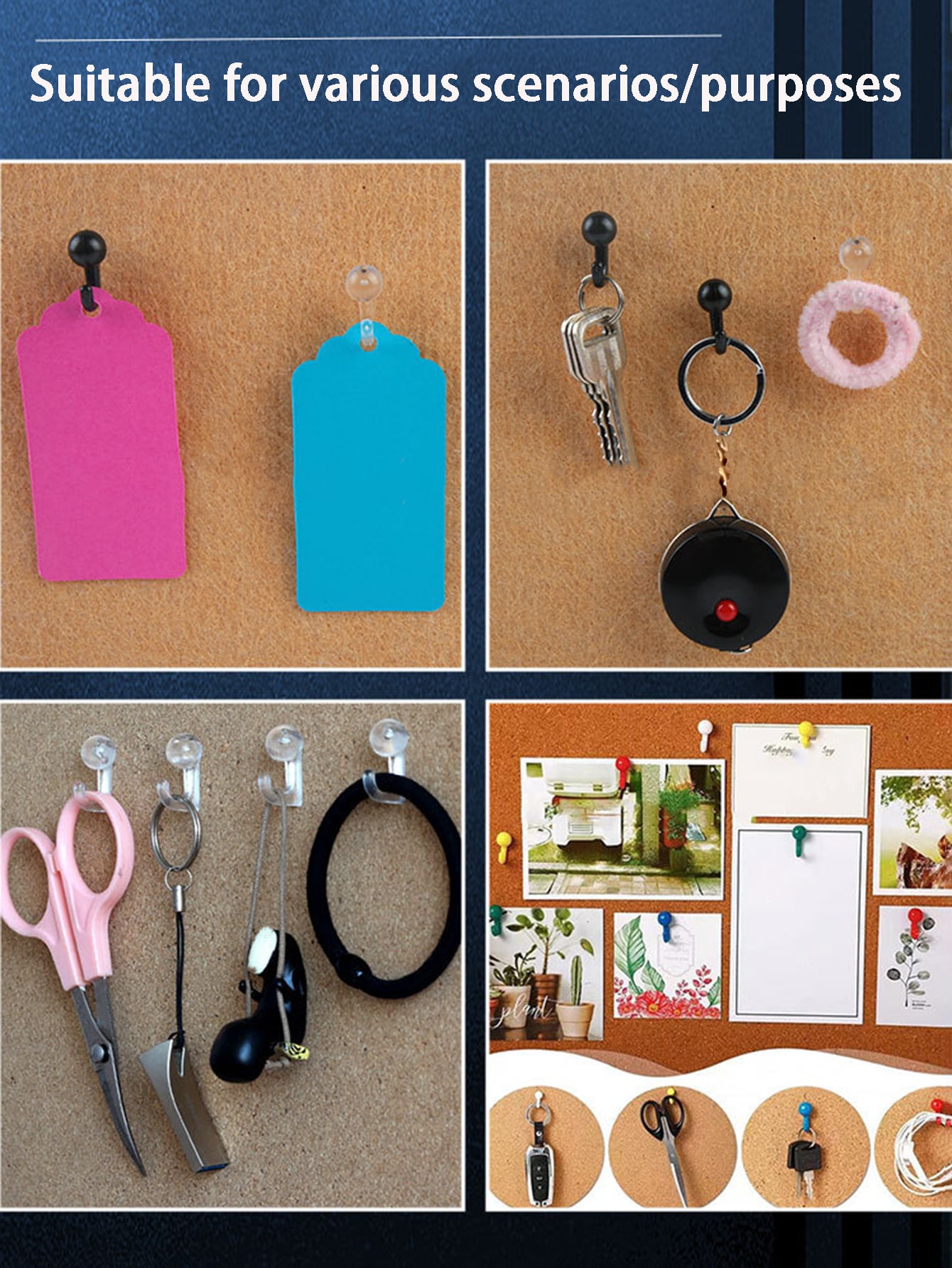 1box/50pcs Creative Transparent Black Plastic Push Pins With Hooks ...