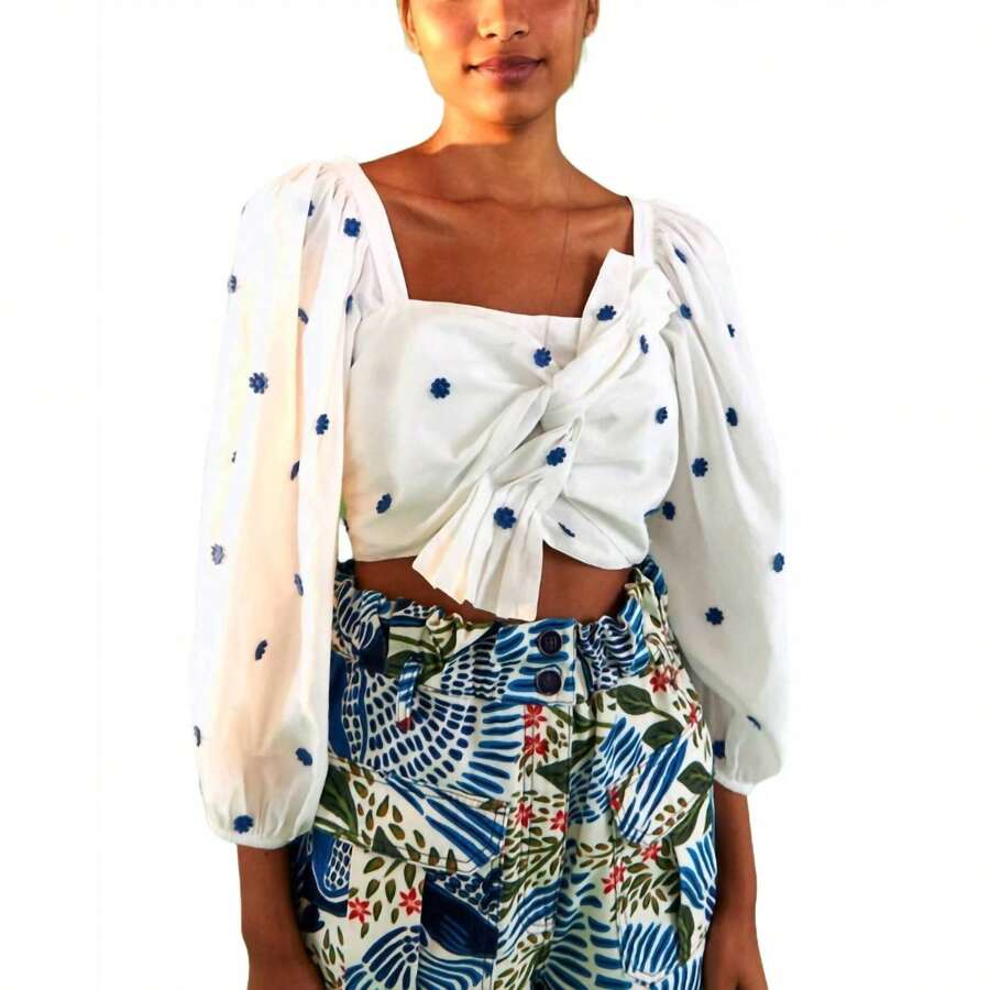 FARM Rio FARM RIO Blue Flowers Long Sleeve Crop Top In Blue/White ...