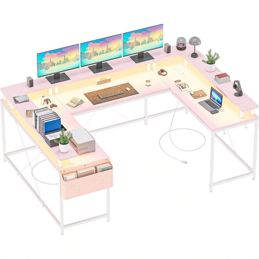 U-Shaped Gaming Desk With Power Outlets, LED Strip, And Storage Shelves ...