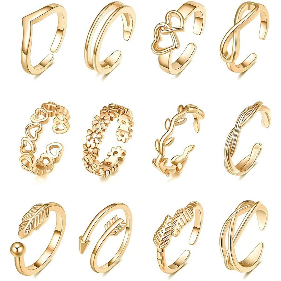 12pcs Adjustable Gold-Tone Toe Rings Set With Flower, Arrow, Feather ...