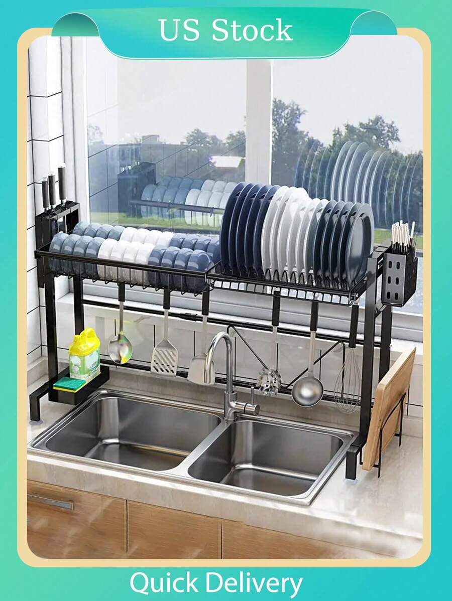 1pc Over Sink Dish Drying Rack Adjustable Snap-On Design 2 Tier Large ...