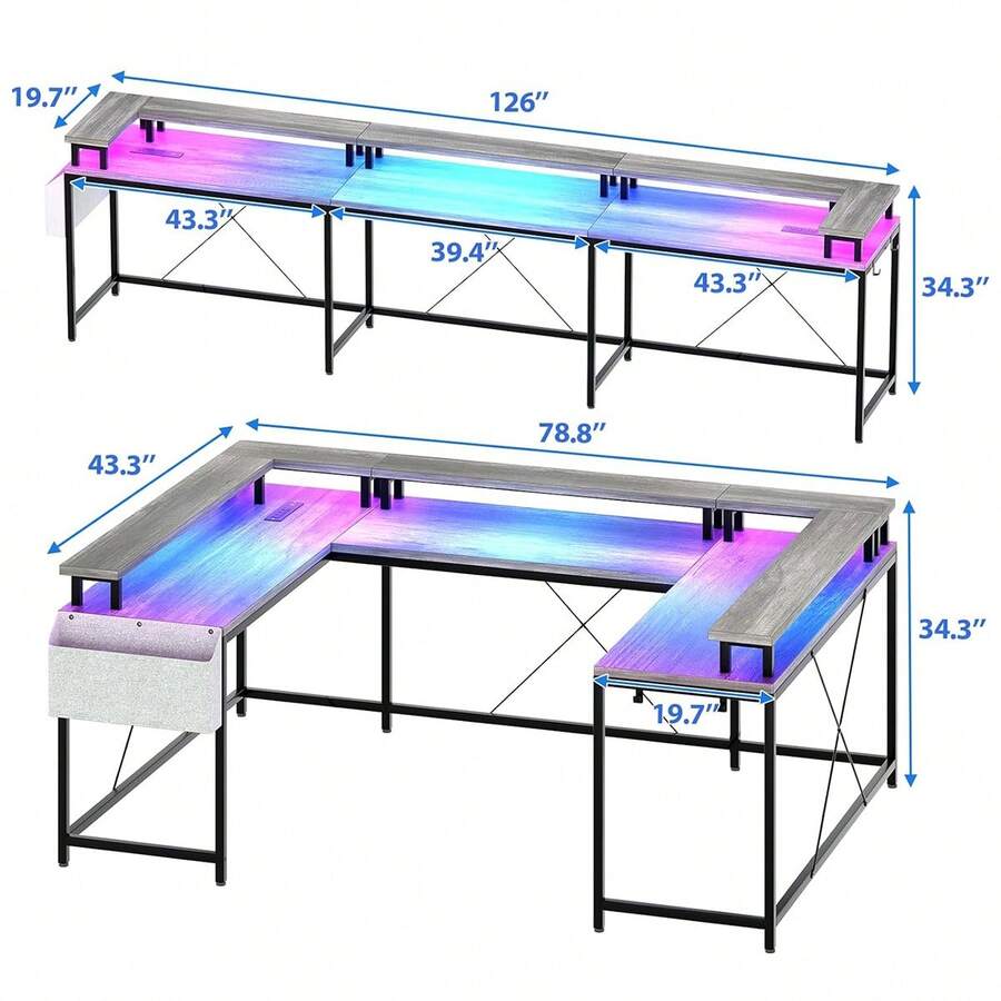 U-Shaped Gaming Desk With Power Outlets, LED Strip, And Storage Shelves ...
