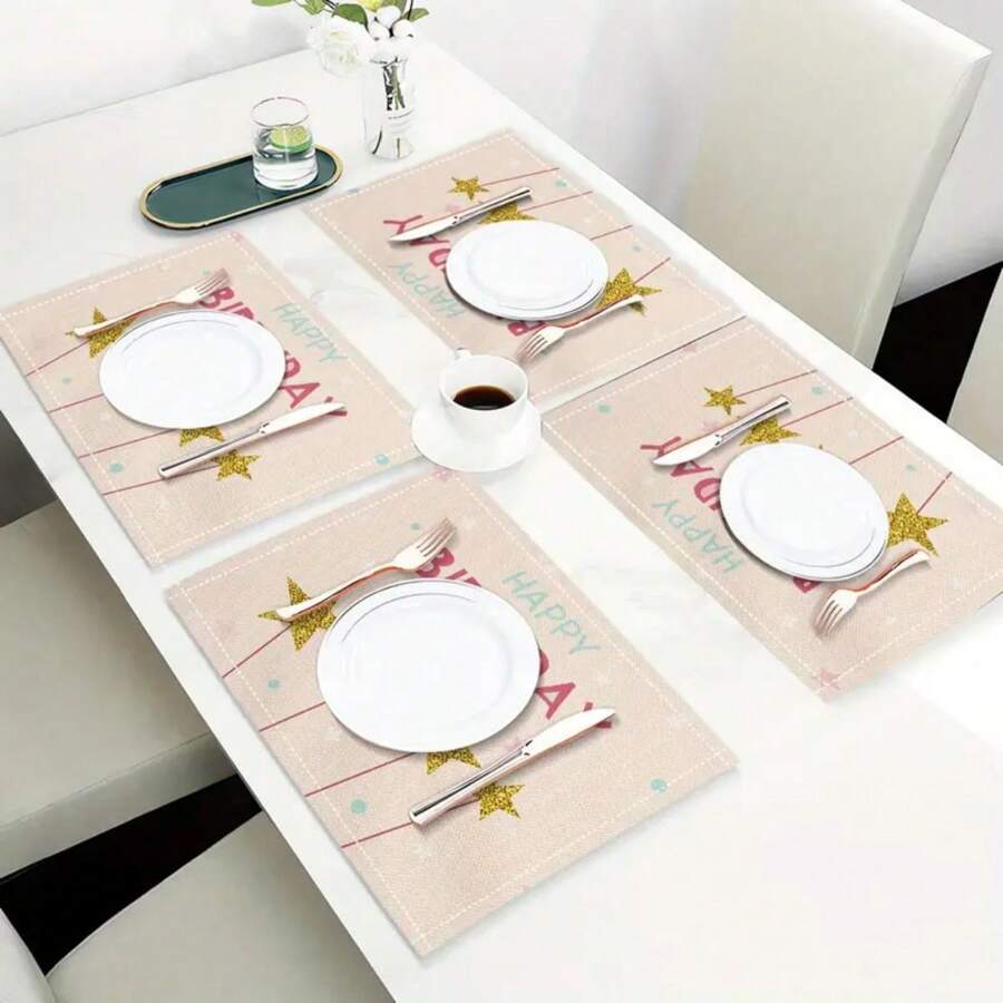 4pcs, Placemats, Happy Birthday Theme Golden Star Balloon Pattern ...