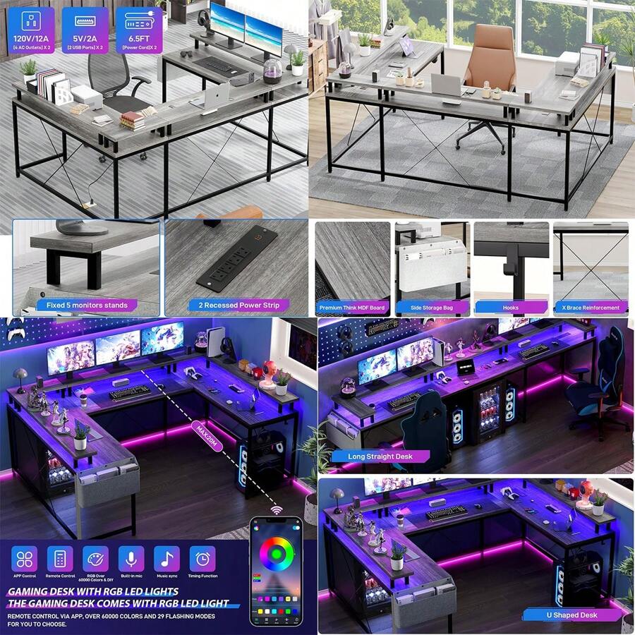 U-Shaped Gaming Desk With Power Outlets, LED Strip, And Storage Shelves ...